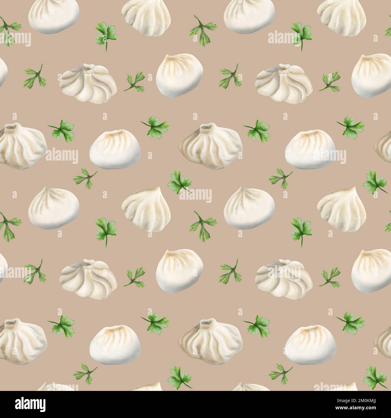 Watercolor hand drawn pattern of Chinese dumplings and parsley on light ...