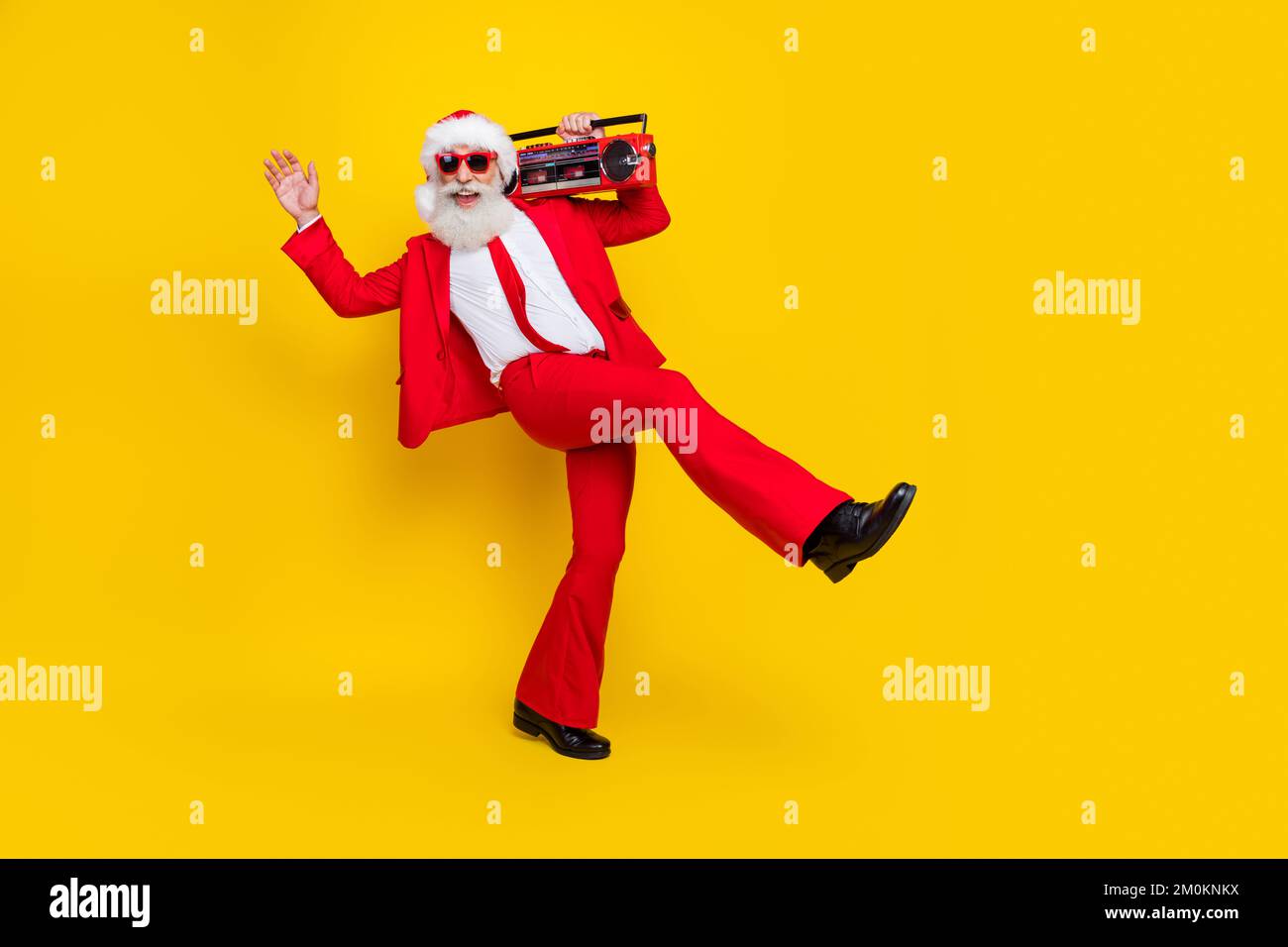 Full length photo of excited funky santa dressed red suit tie walking ...