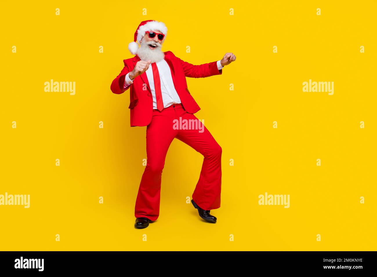 Full length photo of good mood santa dressed red suit tie dancing ...