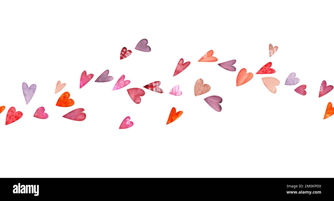 Watercolor hand drawn seamless banner of flying red and purple hearts ...