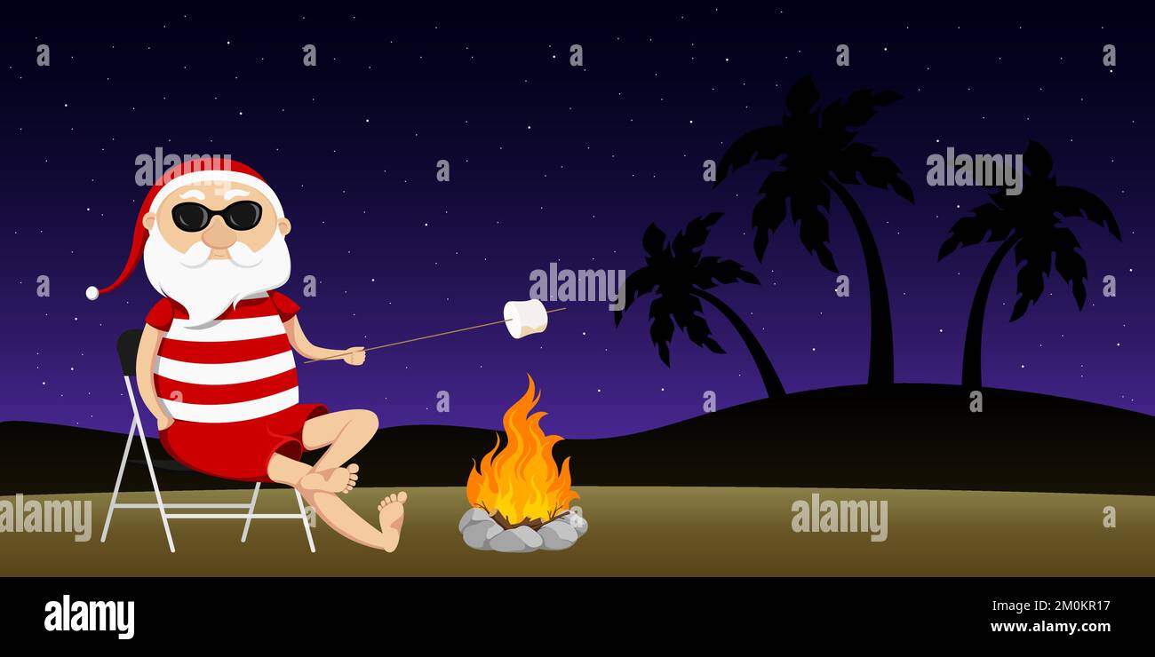 Santa Claus roasting marshmallows on bonfire. Vector illustration Stock ...