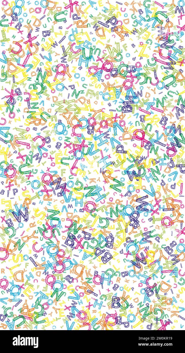 Falling letters of English language. Colorful messy sketch flying words ...