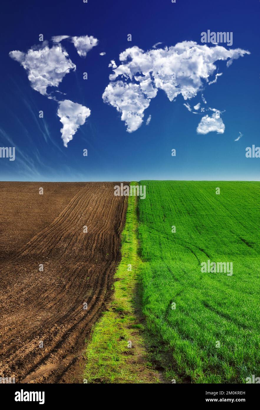 clouds in the form of a map of the world over the field. Travel and ...