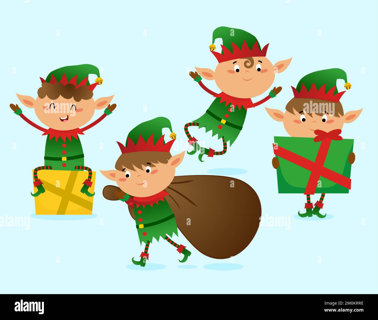 Christmas Elves Santas Little Helpers In Cartoon Style Merry Christmas And Happy New Year