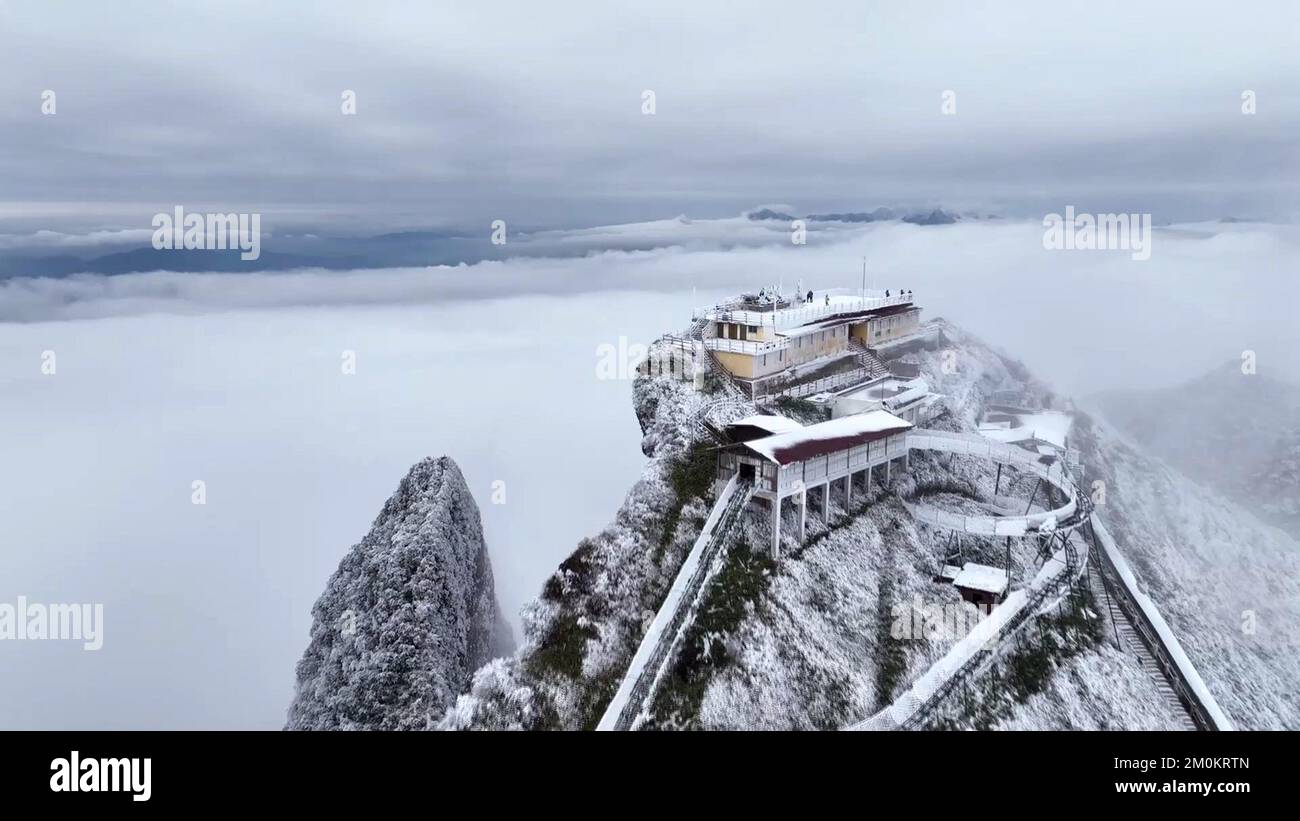 Aerial photo shows the snow scenery of Batai Mountains in Wanyuan City ...