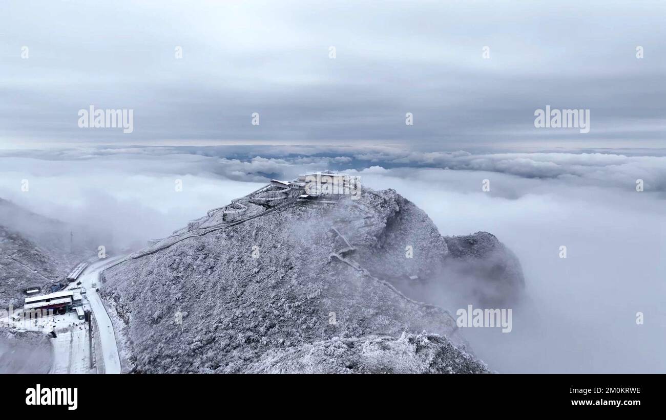 Aerial photo shows the snow scenery of Batai Mountains in Wanyuan City ...