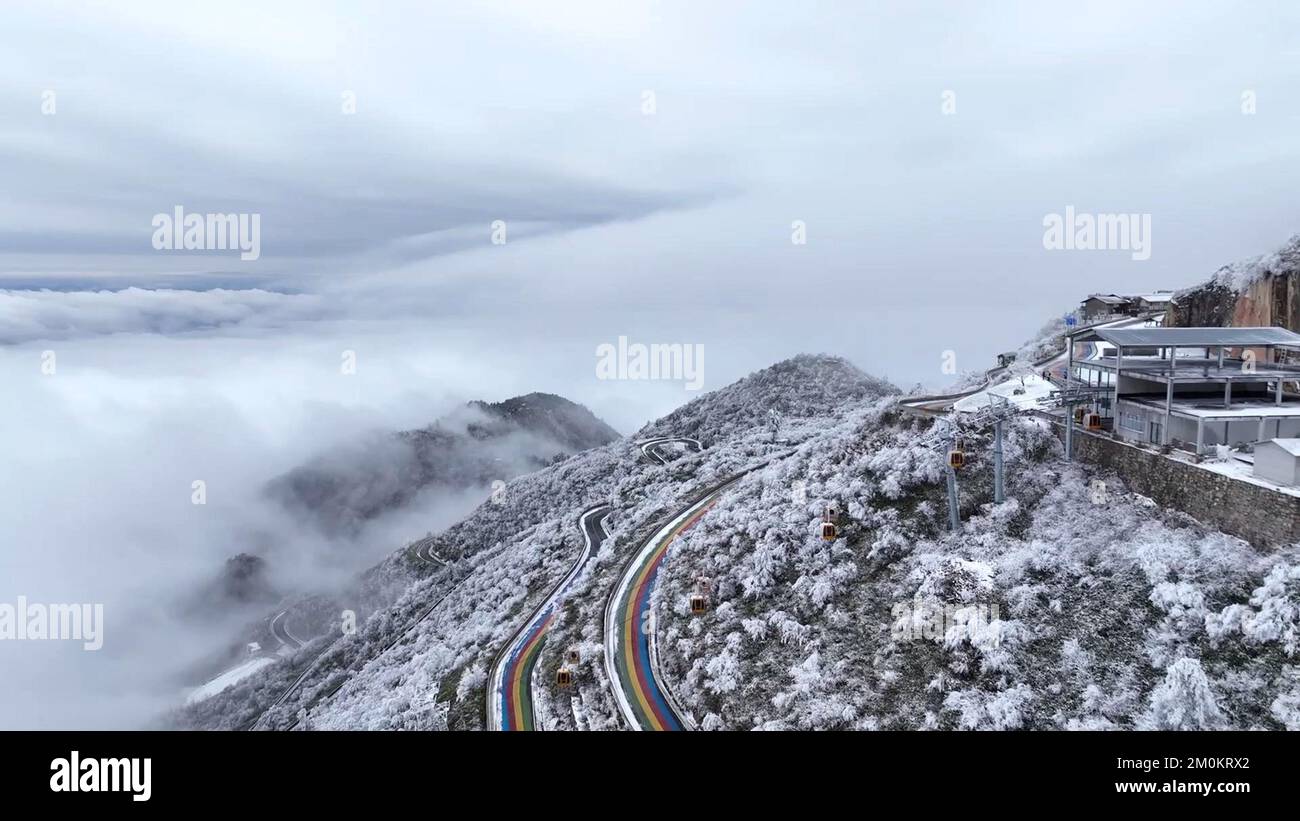Aerial photo shows the snow scenery of Batai Mountains in Wanyuan City ...