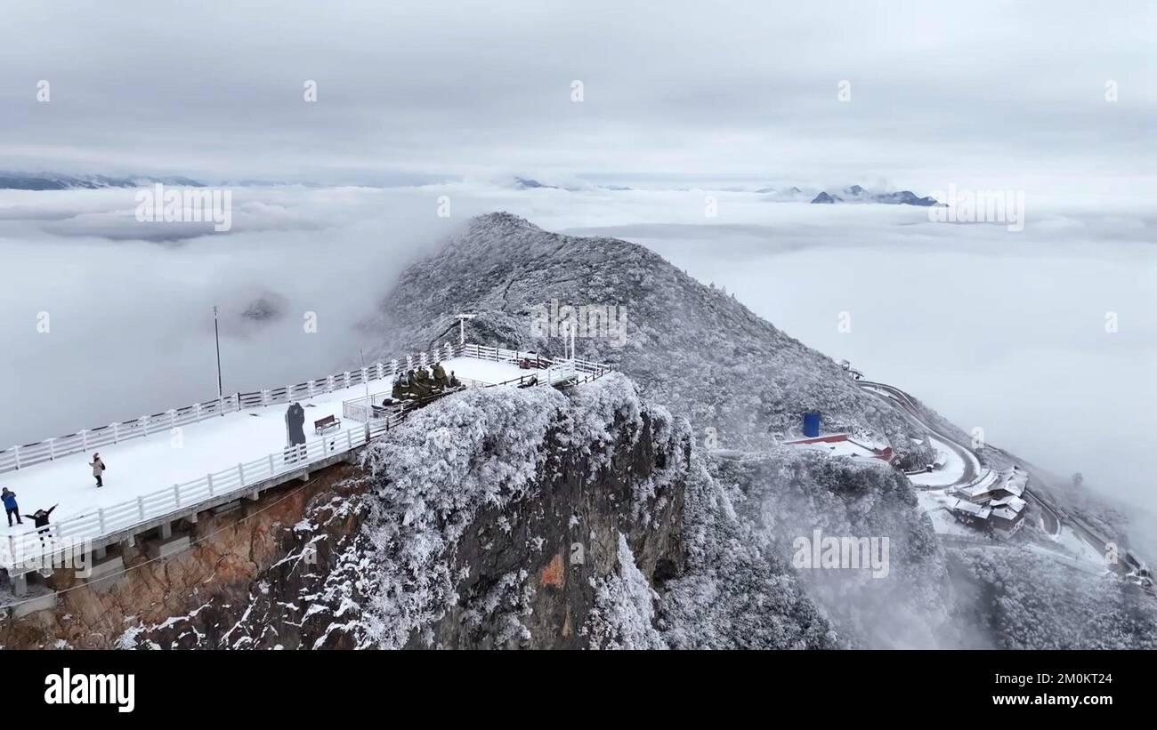 Aerial photo shows the snow scenery of Batai Mountains in Wanyuan City ...