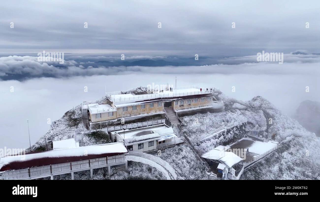 Aerial photo shows the snow scenery of Batai Mountains in Wanyuan City ...