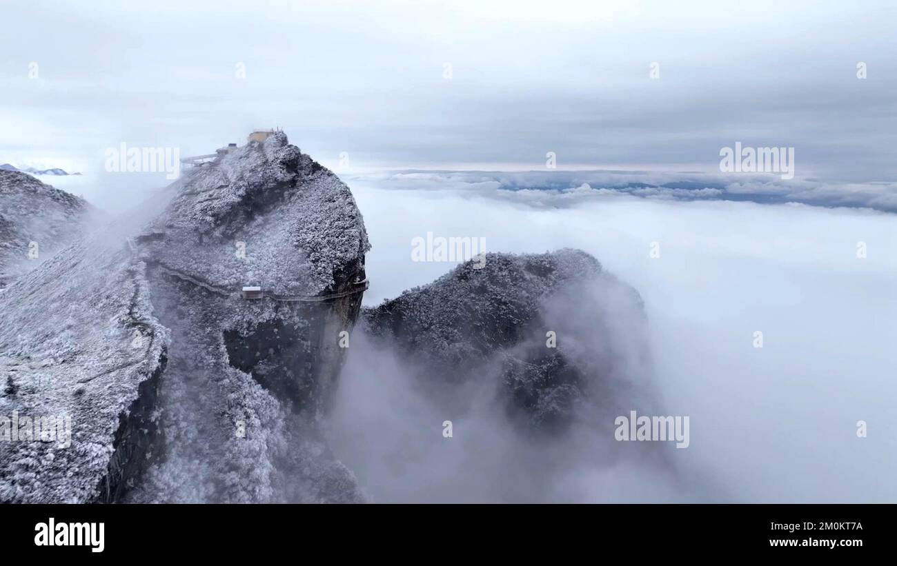 Aerial photo shows the snow scenery of Batai Mountains in Wanyuan City ...