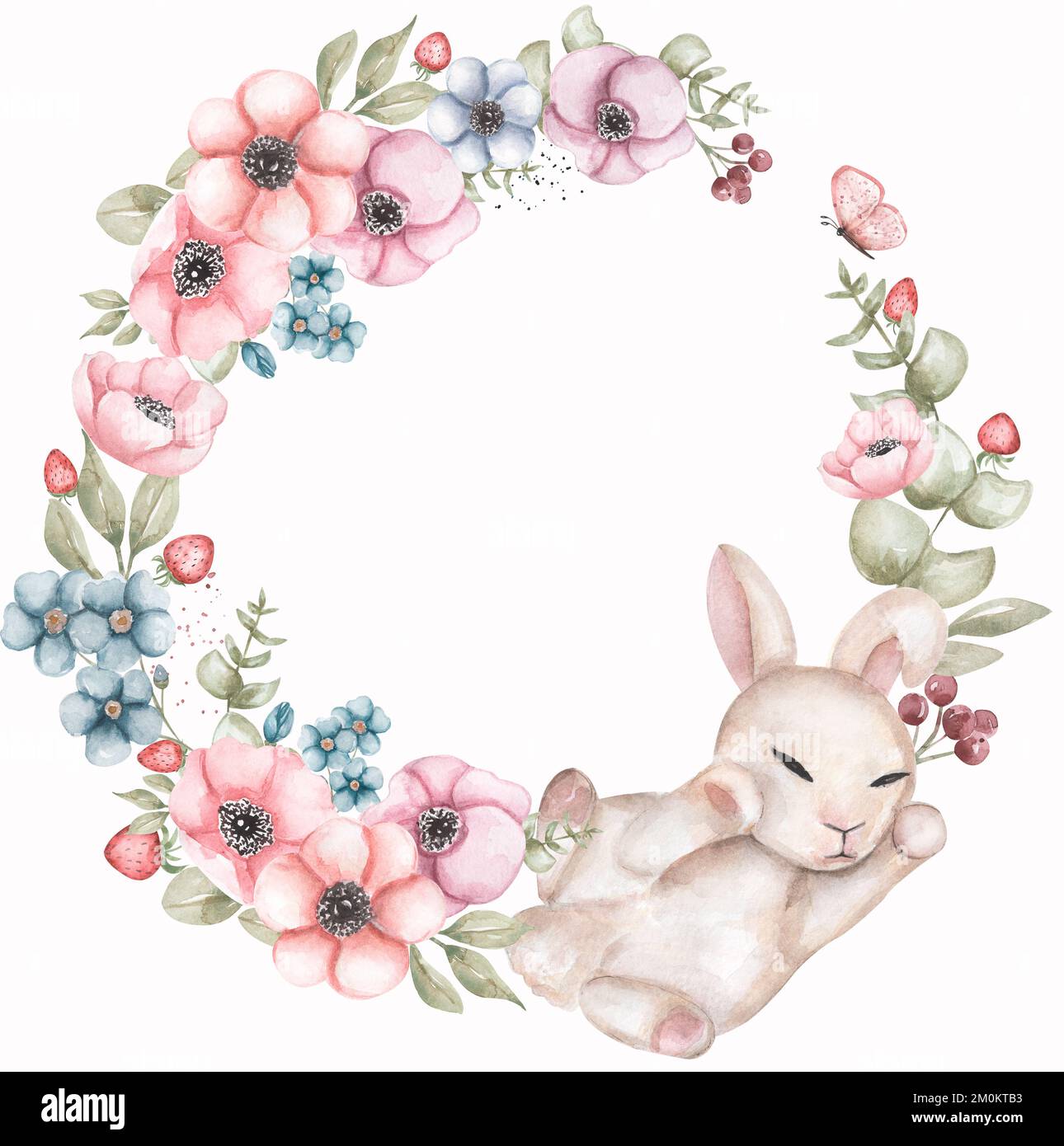 Cute sleeping rabbit, Easter white bunny in anemone flowers and wild ...