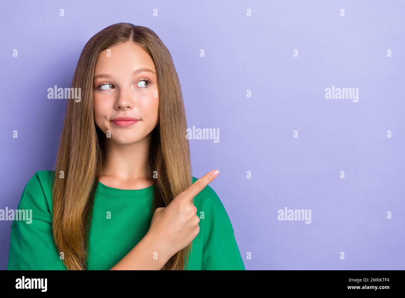 Photo of pretty lovely lady wear trendy clothes interested look empty ...