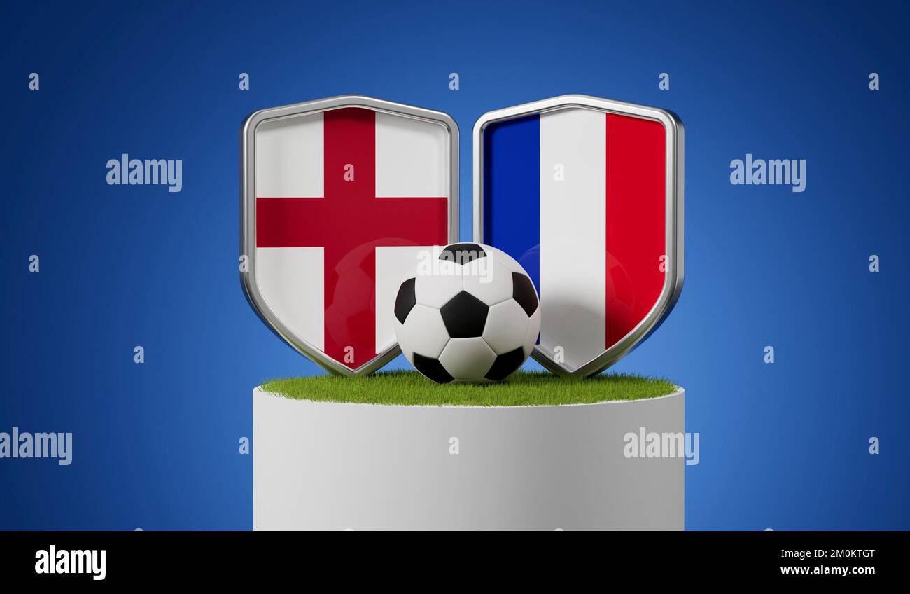 England vs France soccer shields with football ball on a grass podium ...