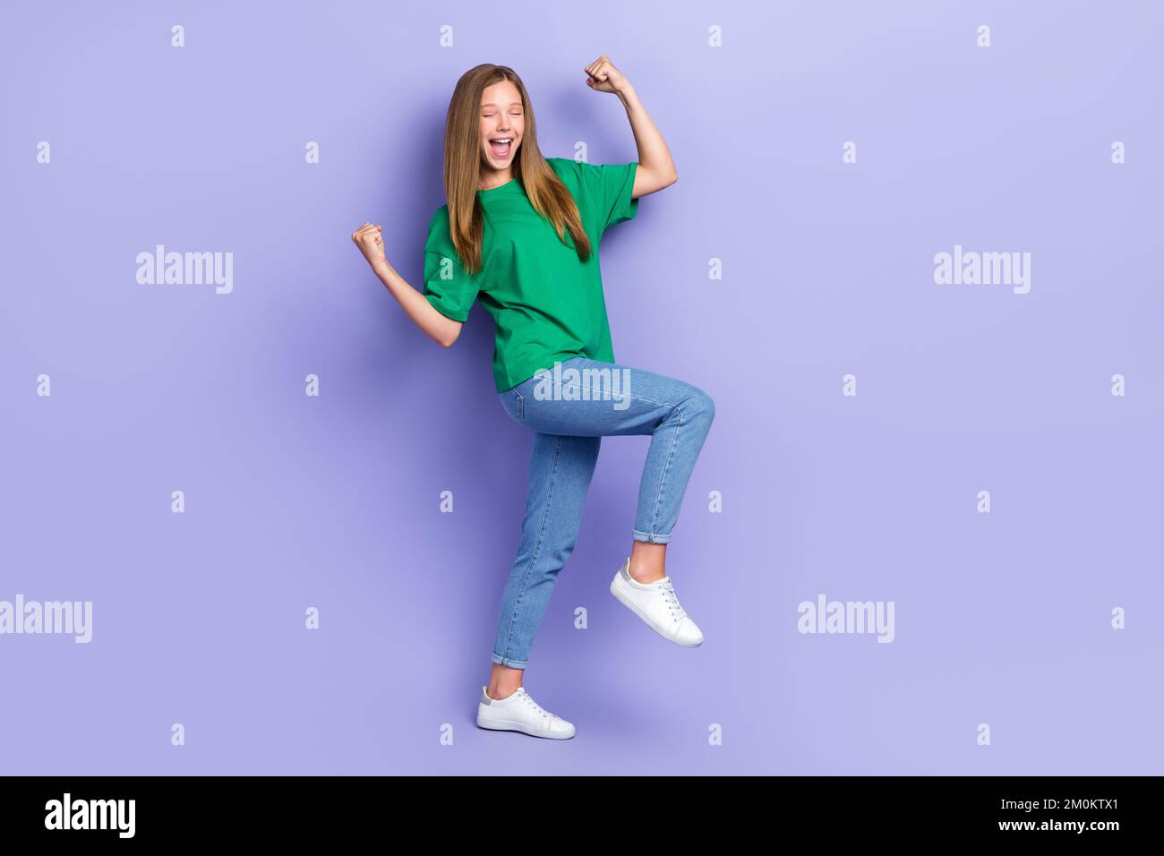 Full length photo of lucky funny girl dressed green t-shirt walking ...