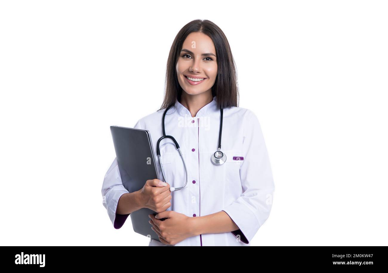 nurse with emedicine laptop in studio. photo of nurse hold laptop for emedicine wear white coat ...