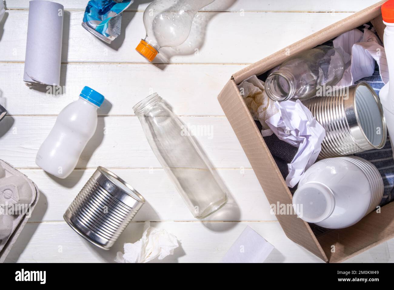 Garbage sorting, waste recycling concept. Box with recycling materials ...