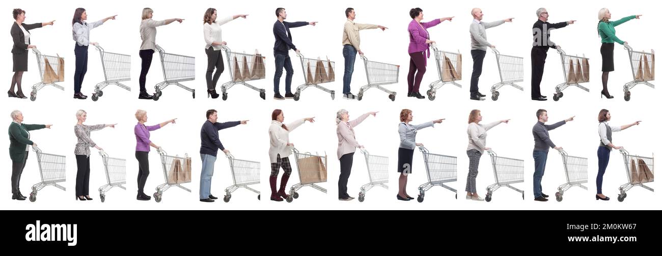 a group of people with a shopping cart point their fingers in front of ...