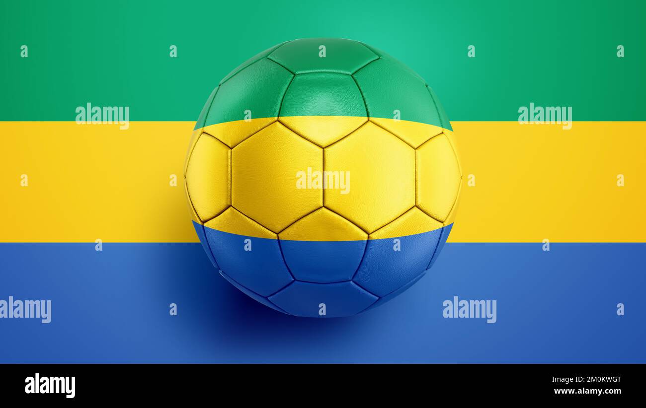 Soccer ball Gabon flag on a Gabon flag background. 3D illustration ...