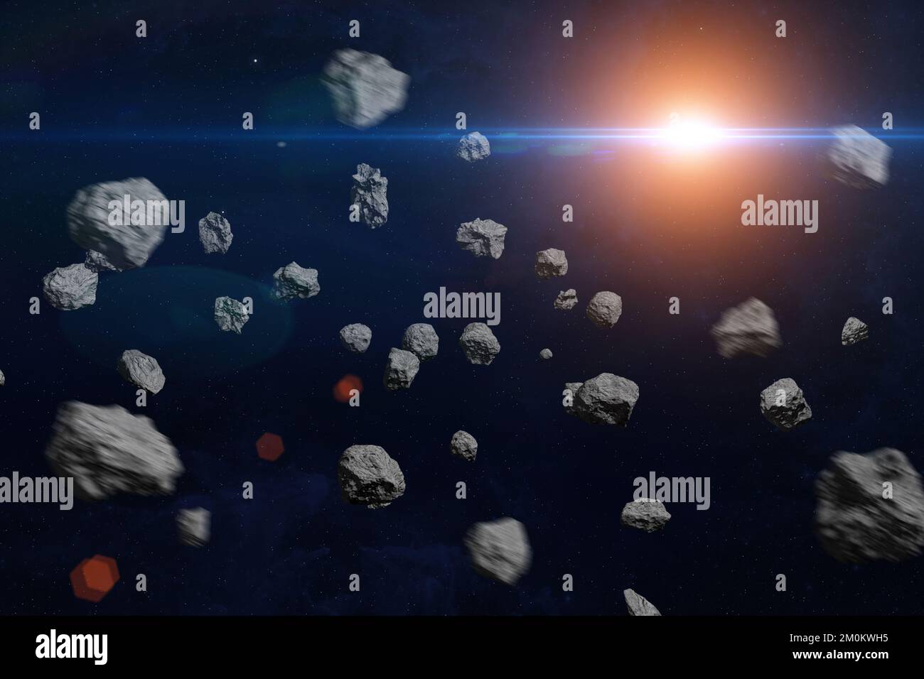 Asteroid belt and nebula. Meteorites and Sun. High resolution space ...