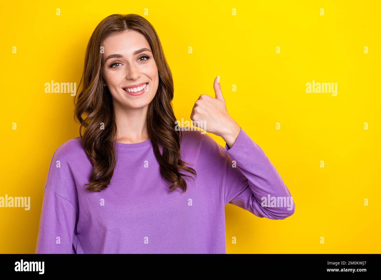 Portrait of positive pretty person beaming smile arm finger demonstrate ...