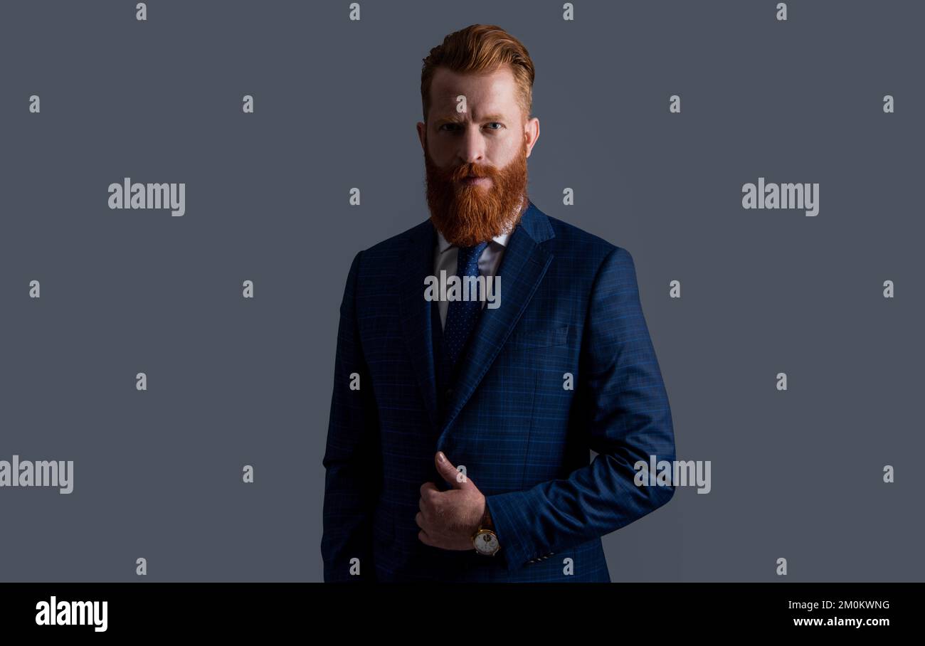 caucasian businessman in suit isolated on grey background. businessman ...