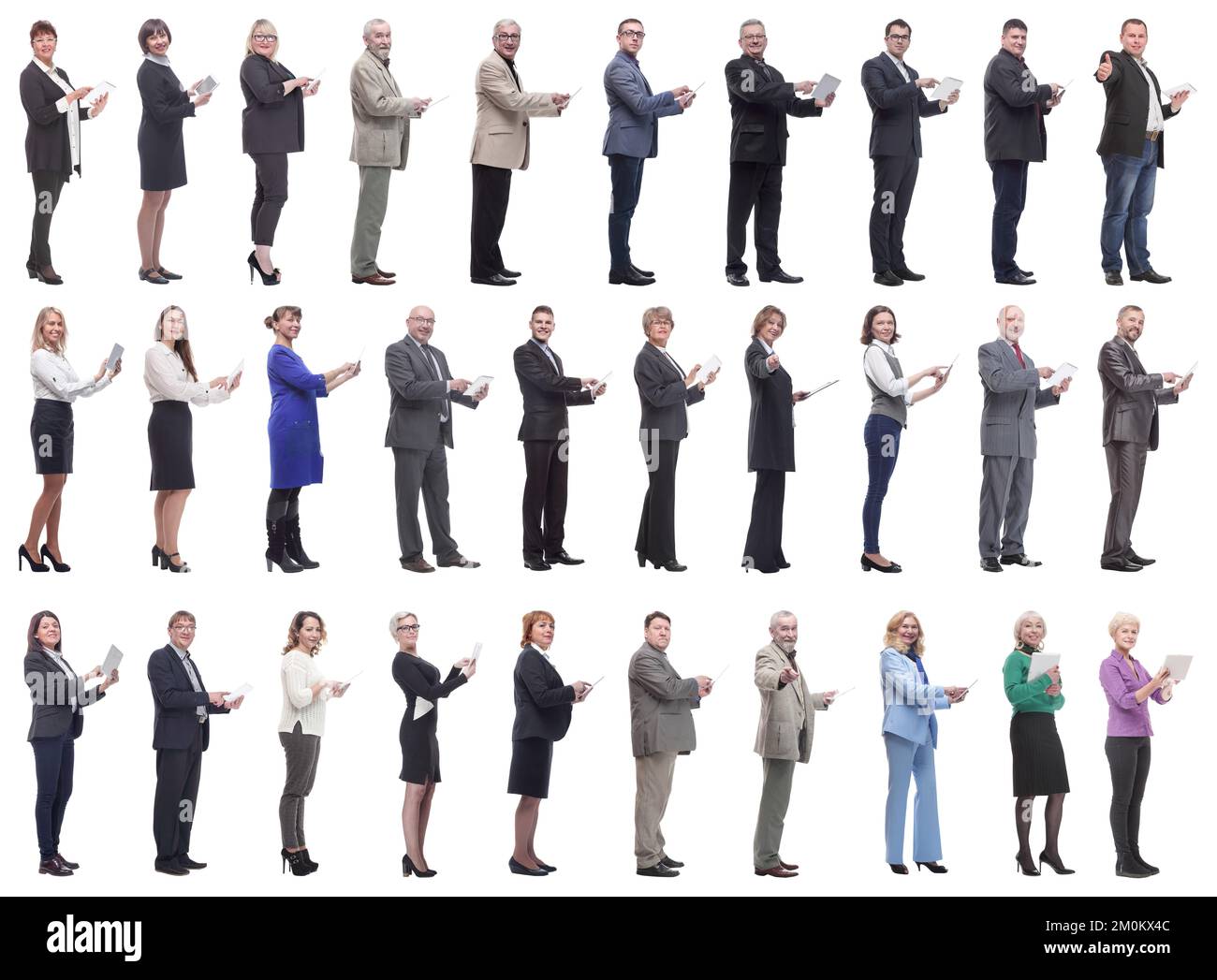 group of people demonstrating tablet looking at camera Stock Photo - Alamy