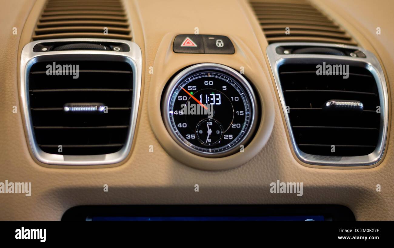 A closeup of Porsche Cayman S dashboard sport chrono clock Stock Photo ...