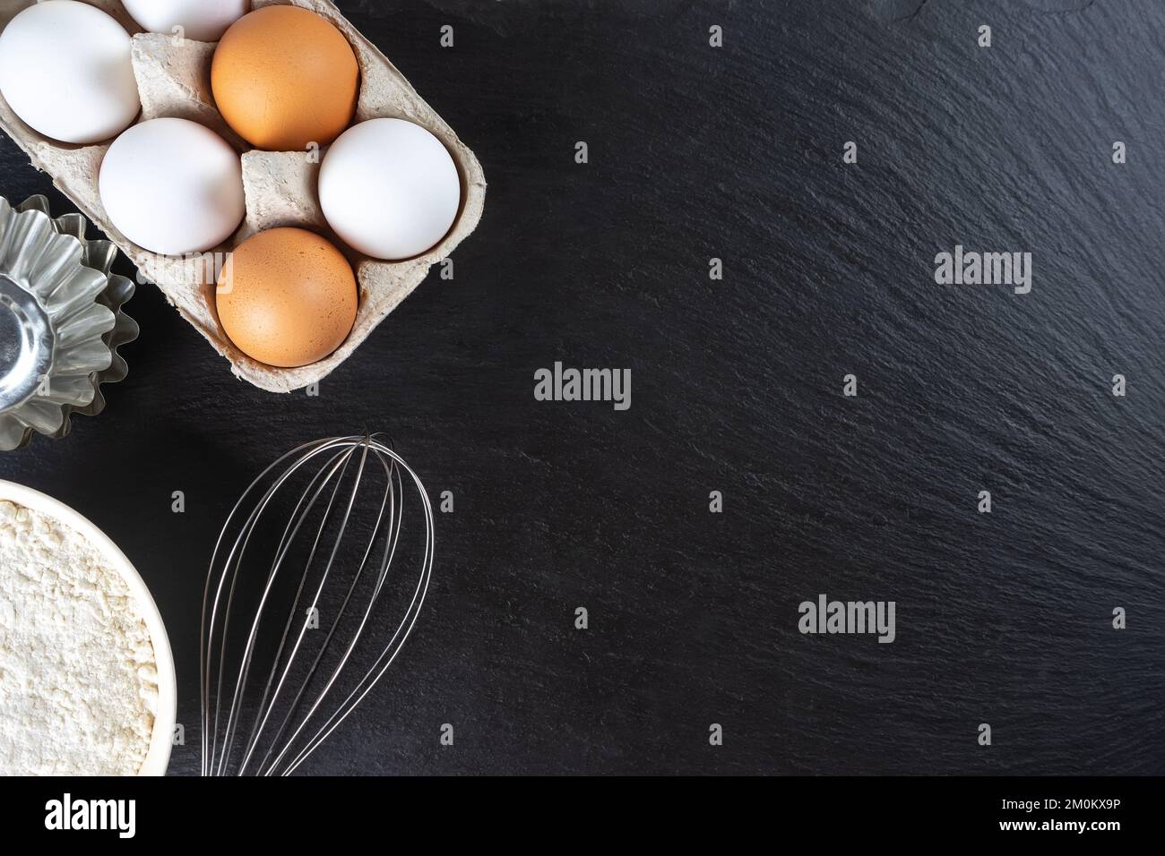 Baking cooking Ingredients background with copy space. Flour, eggs ...