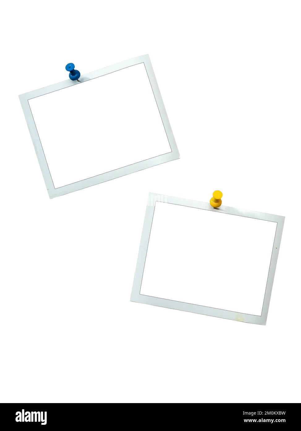 Instant frames hang on wall with colored pins. Isolated on White with ...