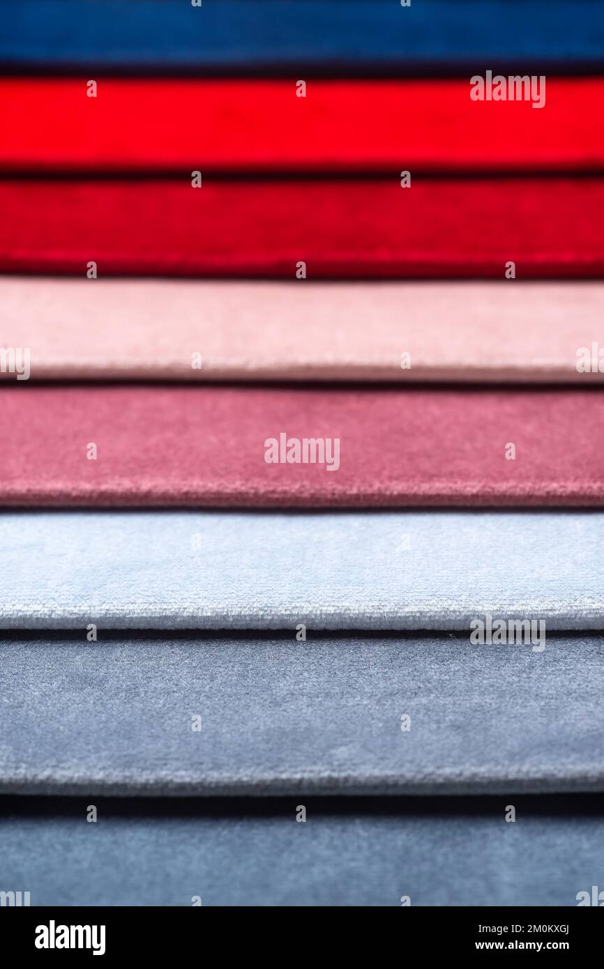 Bright collection of colorful textile samples. Fabric swatches, set in ...