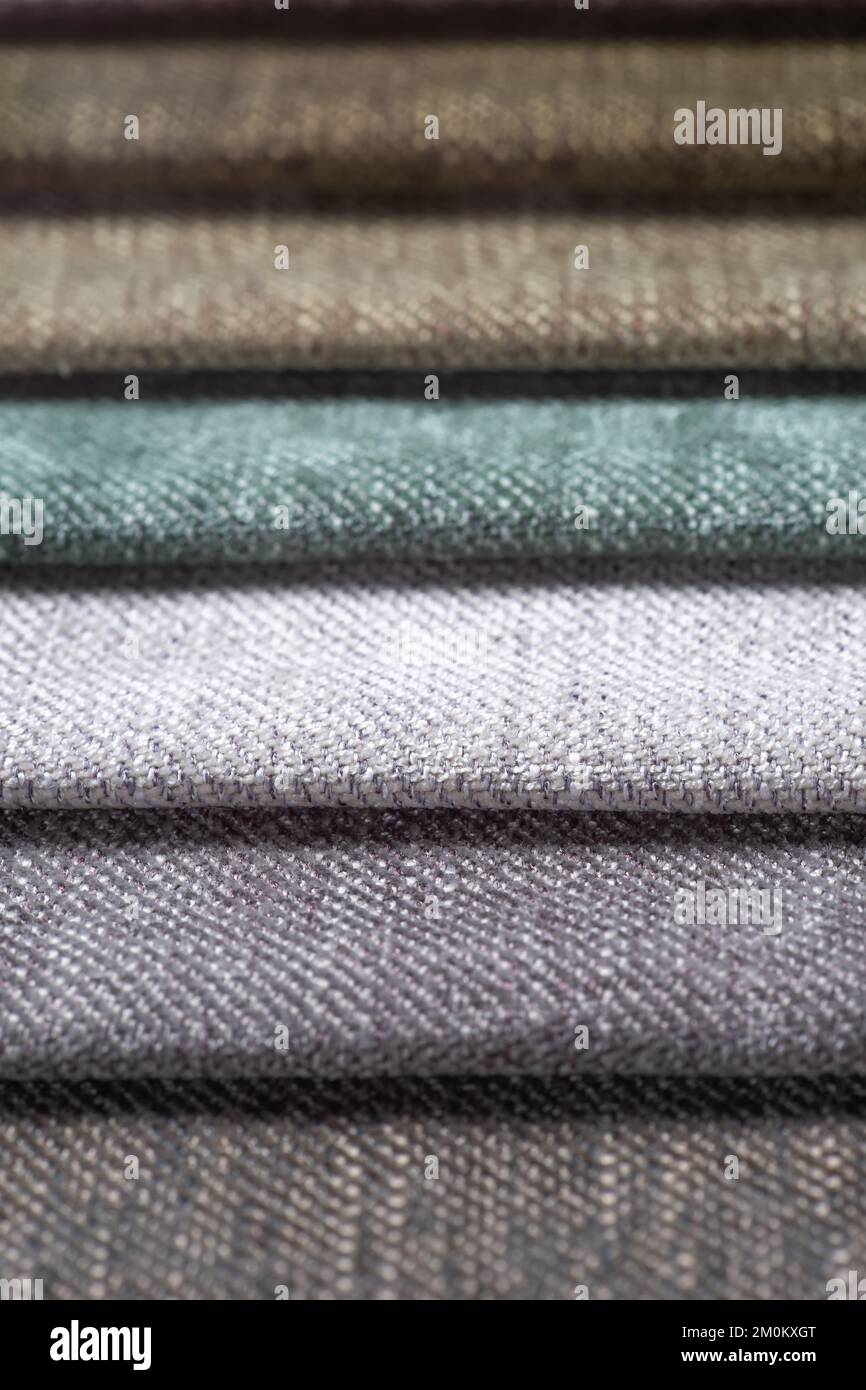 Bright collection of colorful textile samples. Fabric swatches, set in ...