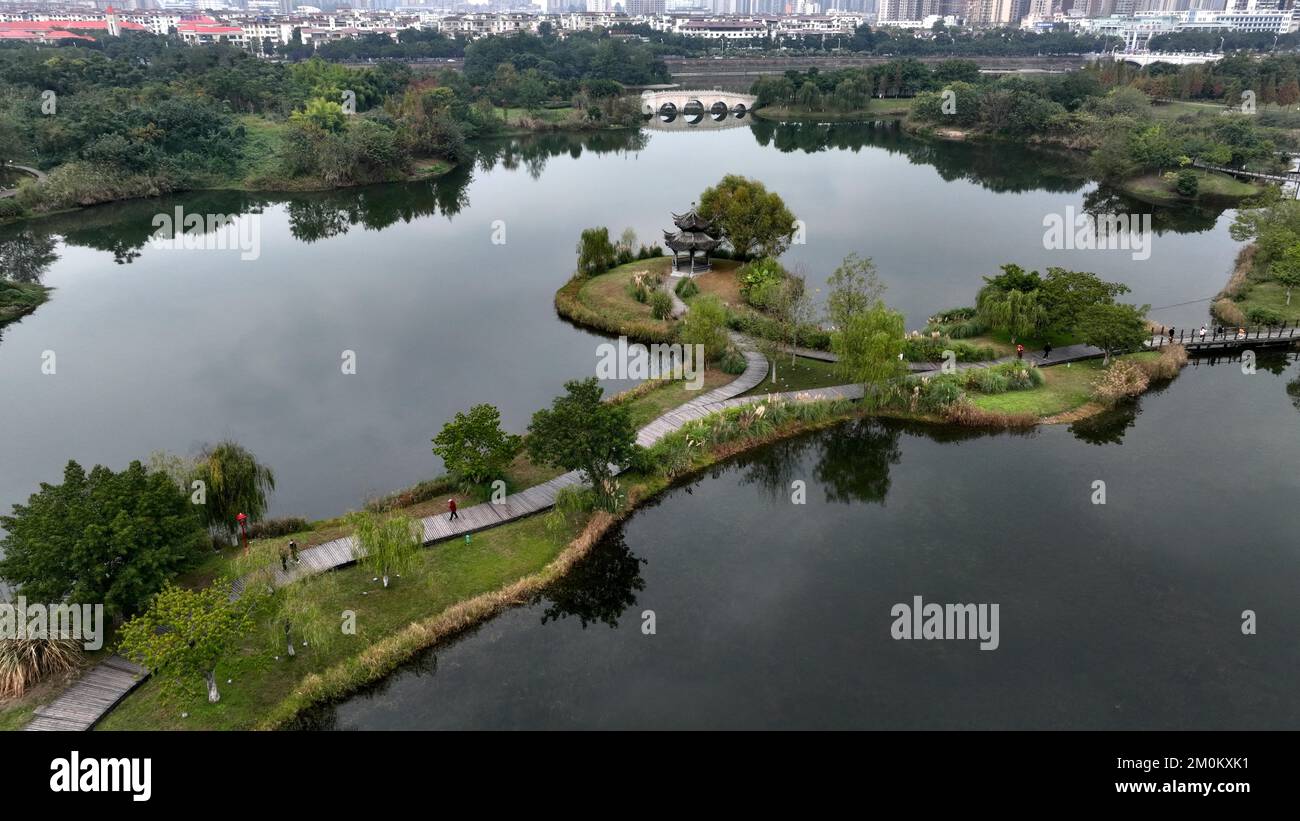 Aerial photo shows the scenery of Meishan Wetland Park in Meishan City ...
