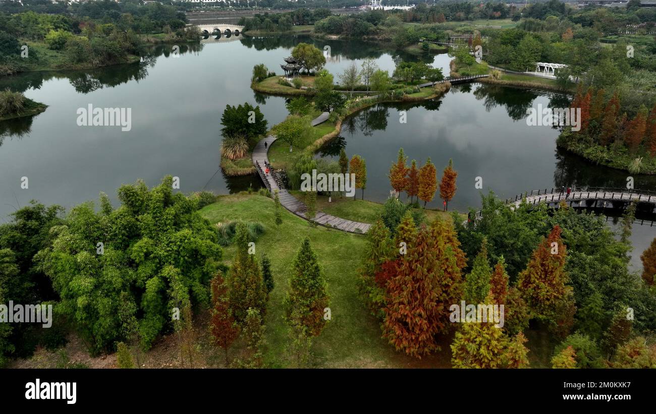 Aerial photo shows the scenery of Meishan Wetland Park in Meishan City ...