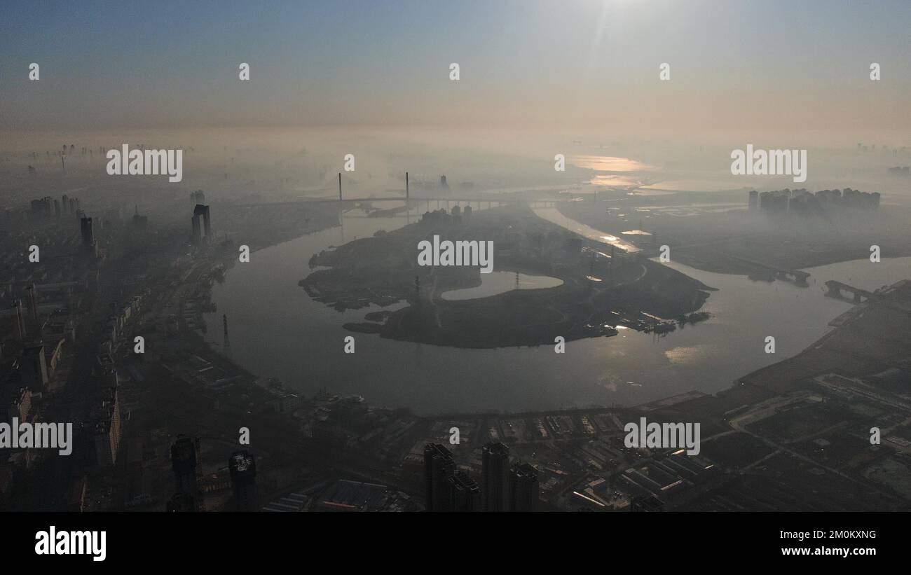 Aerial photo shows the misty scenery of the downtown of Binhai New Area ...