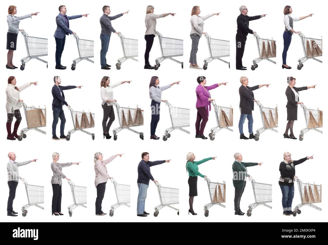 a group of people with a shopping cart point their fingers in front of ...