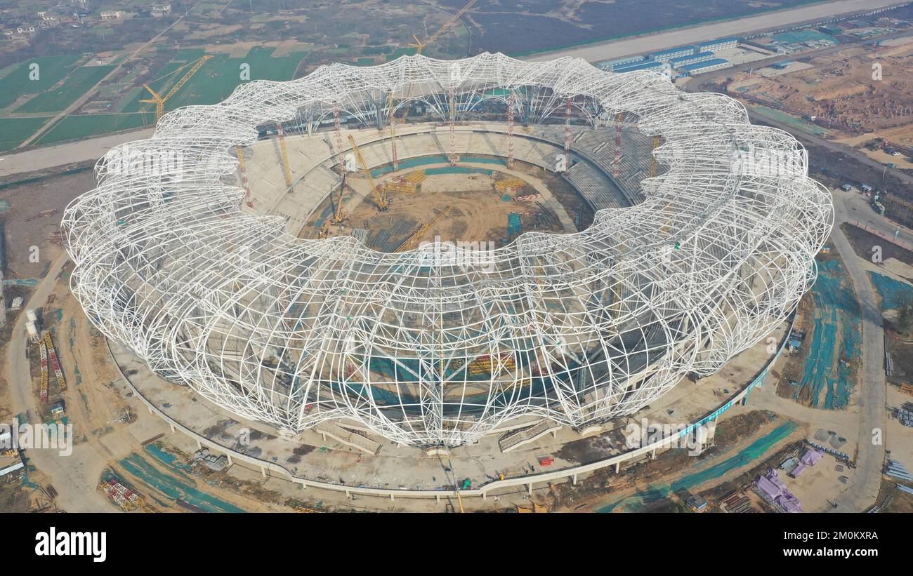 Aerial photos show the Xuchang Sports Exhibition Center Phase I (Stadium) Project is under ...