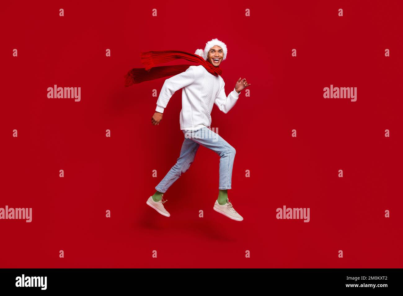 Full length profile photo of crazy active person running jumping ...
