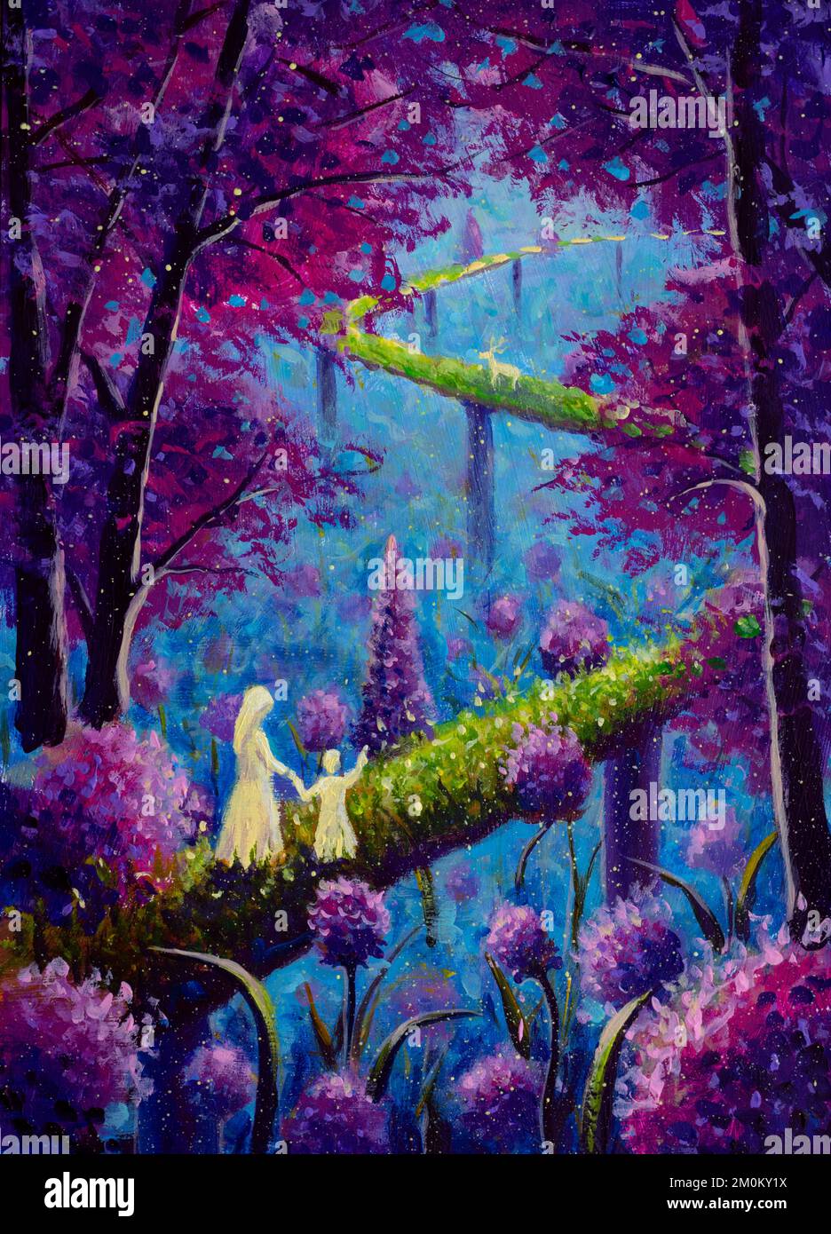 Vertical fantasy art background woman mother with daughter girl walks ...