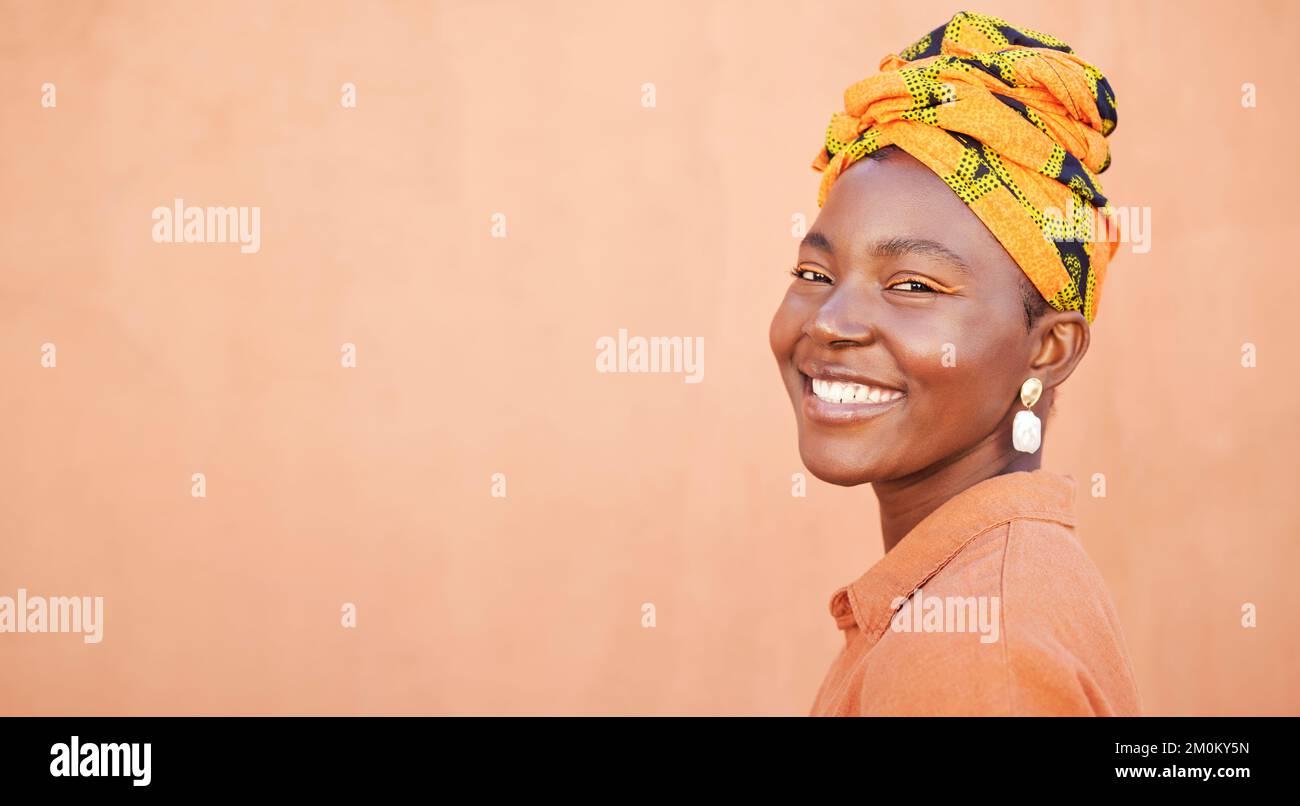 African, culture and portrait of happy black woman with pride in unique ...