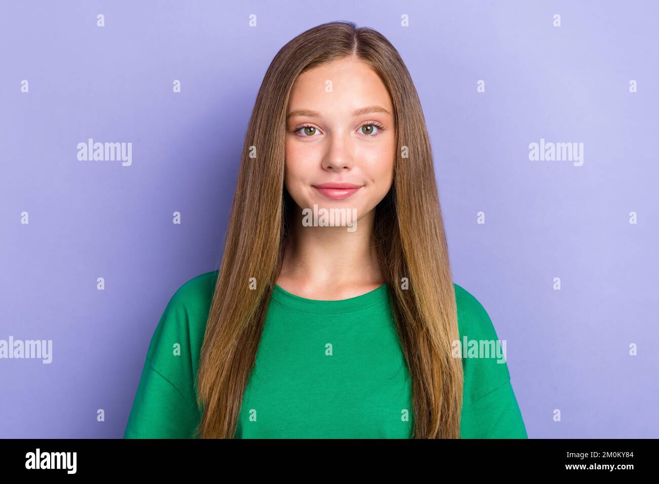 Photo of adorable nice lady long brown hairdo dressed fashionable ...