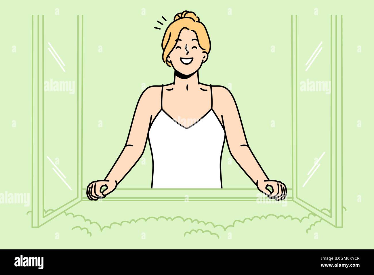 Happy girl rejoices in new day, peering out of window. Positive woman ...