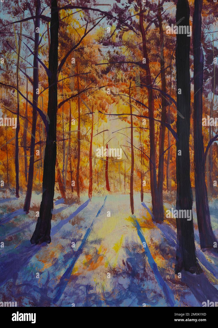 Winter forest. Warm sunny winter landscape impressionism modern oil ...