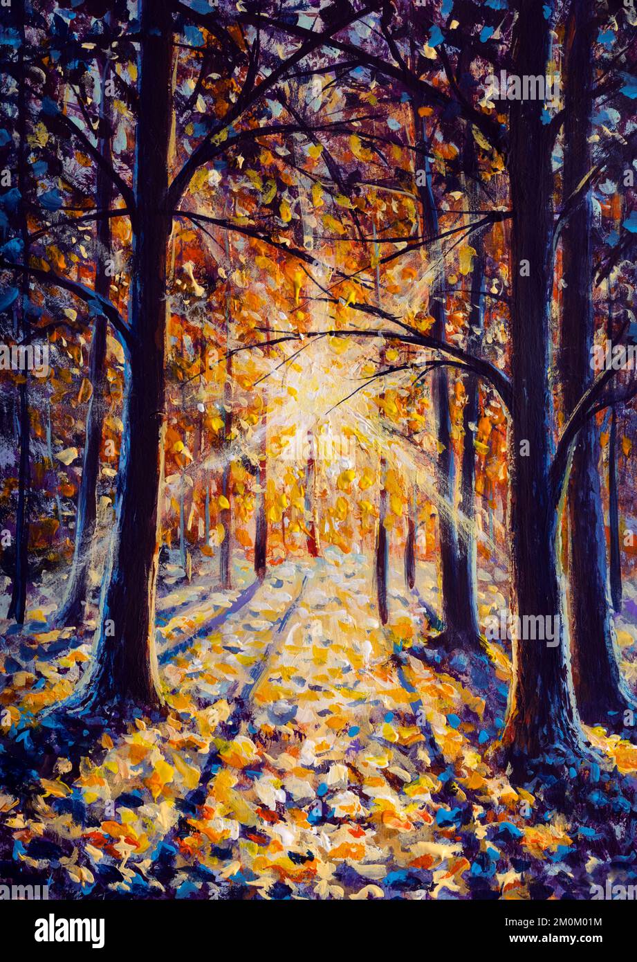 Vertical oil painting sun in Winter forest. Warm sunny winter landscape ...