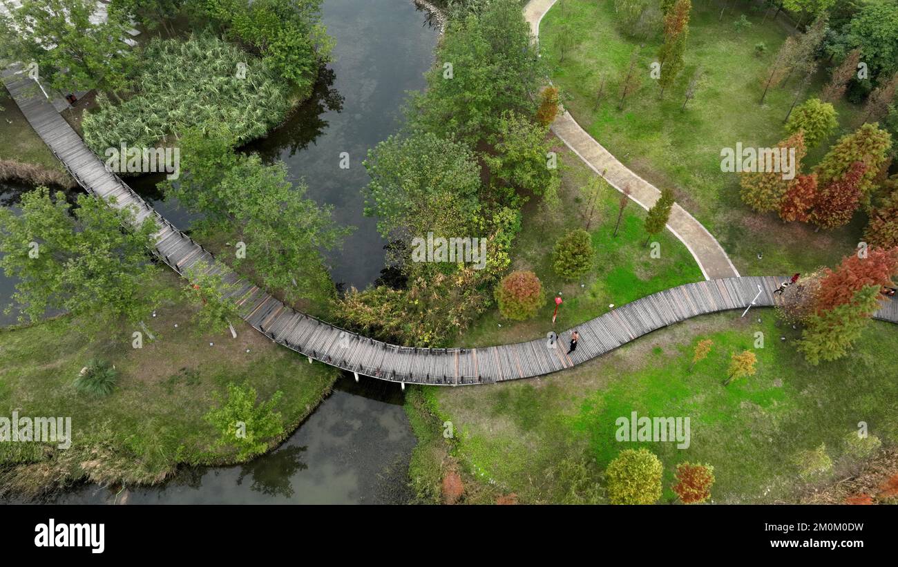 Aerial photo shows the scenery of Meishan Wetland Park in Meishan City ...