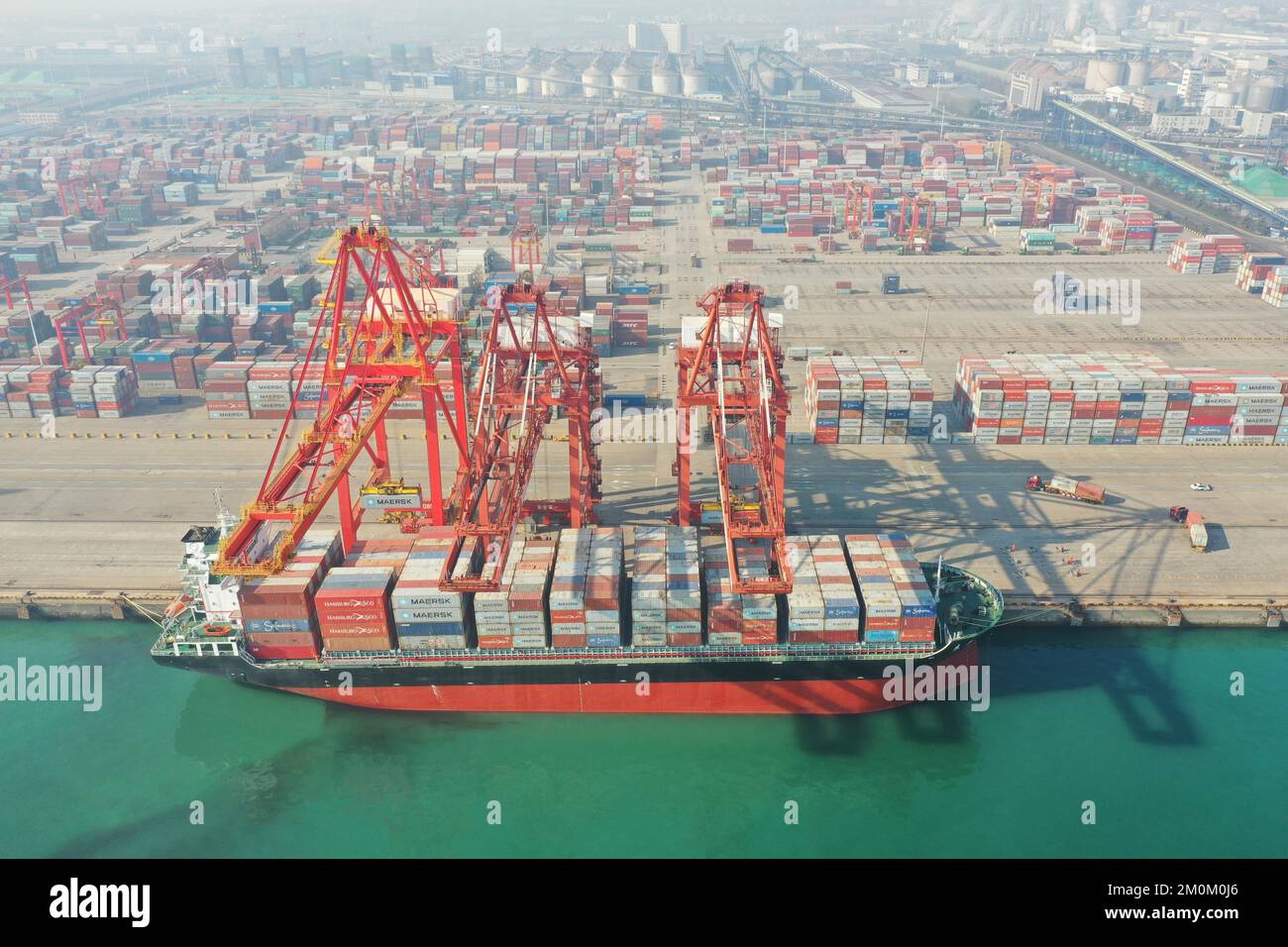 Aerial photo shows the busy working scene of the container port at ...
