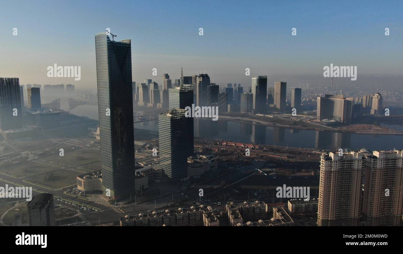 Aerial photo shows the misty scenery of the downtown of Binhai New Area ...