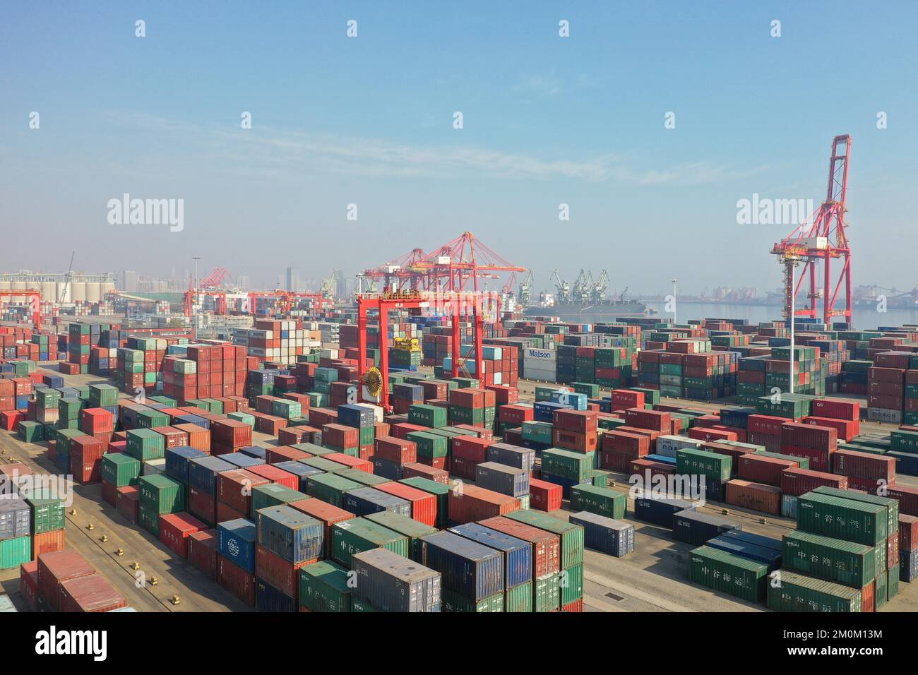 Aerial photo shows the busy working scene of the container port at ...