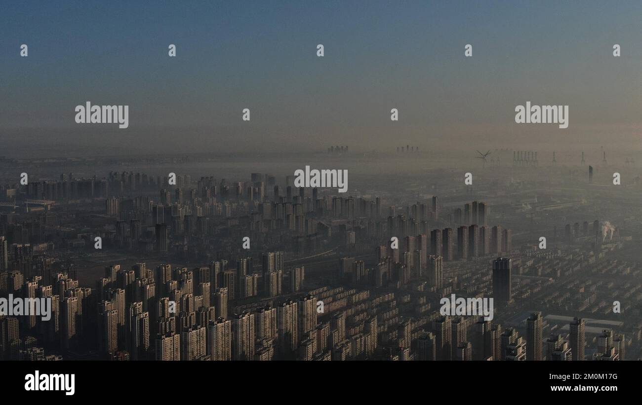 Aerial photo shows the misty scenery of the downtown of Binhai New Area ...