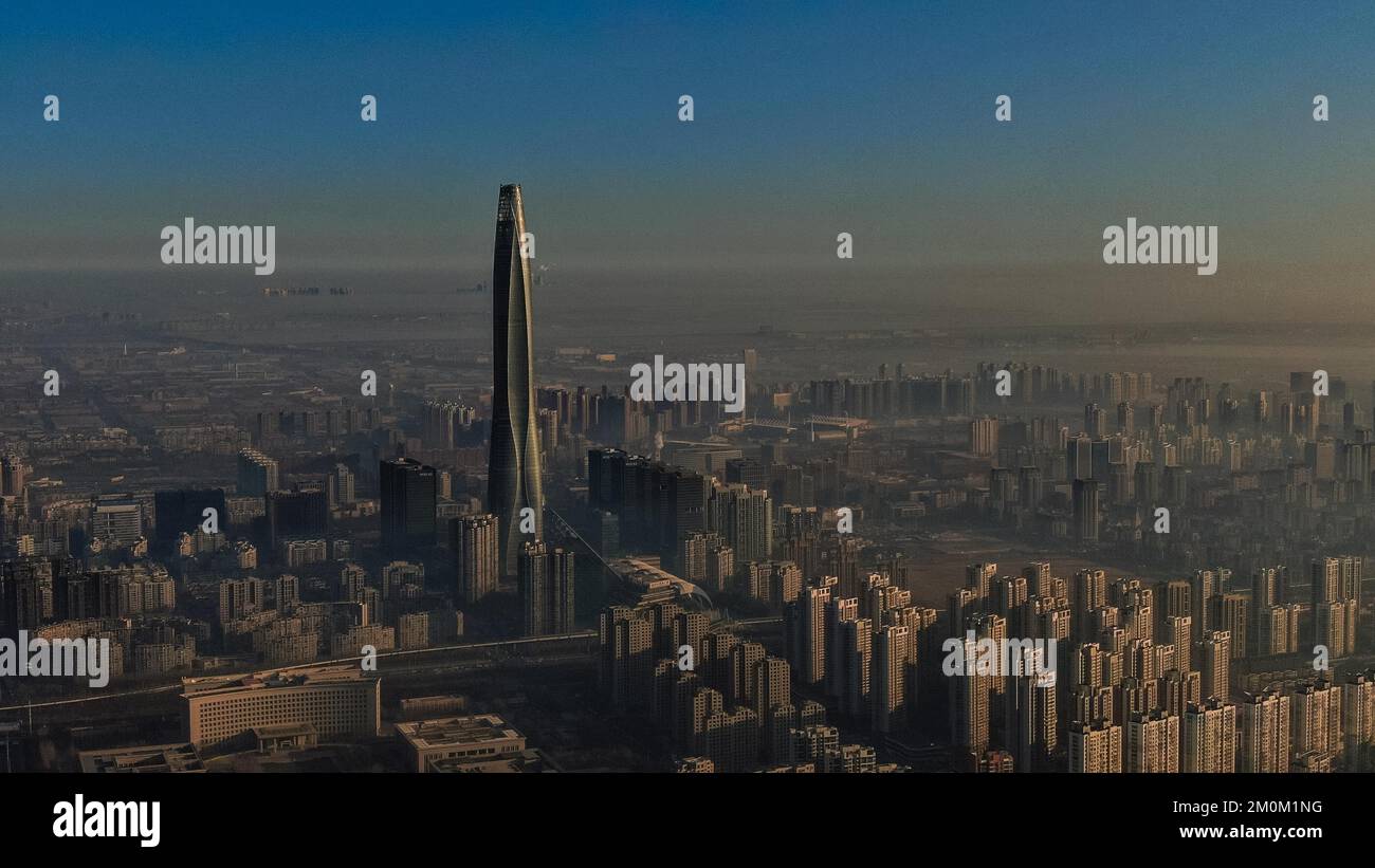 Aerial photo shows the misty scenery of the downtown of Binhai New Area ...