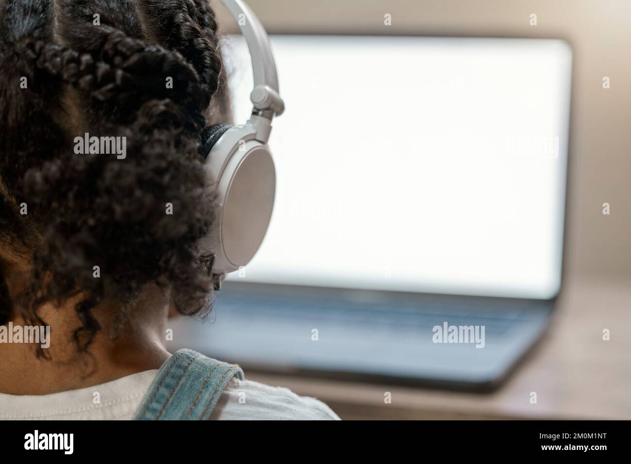 Girl, headphones and laptop screen in elearning education, homeschool ...